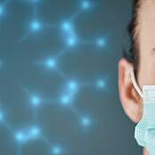 Man, face and eye scanner for biometrics, cyber security or optic ...