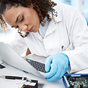 Motherboard, woman technician and computer in lab for cyber crime ...