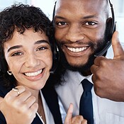 Call center selfie, business people and thumbs up with smile for ...