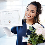 Certificate, rose and portrait with a black woman graduate in the ...