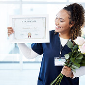 Certificate, flowers and a black woman graduate in the hospital feeling ...