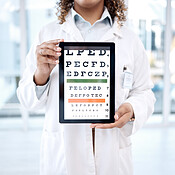 Hands, optometry chart and tablet screen in hospital for vision ...