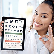 Optometry chart, tablet and doctor with ok sign in hospital for vision ...