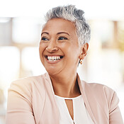 Business, old woman and manager with smile, thinking and ideas for new ...