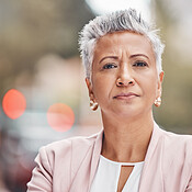 Portrait, business and old woman outdoor, serious and confident leader ...
