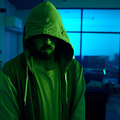 Man, hacking or dark hoodie in neon garage with cybersecurity vision, software programming or ...