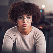 Night, office and focus of black woman programmer, software developer ...