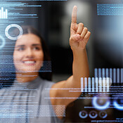 Woman, touch screen and hologram of data analytics, coding software and ...