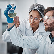 Science, team work or scientists in laboratory with chemical liquid ...