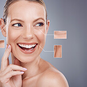 Woman, face and closeup of wrinkles, texture or anti aging facial ...