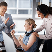 Customer service team, consulting or happy woman celebrate ...