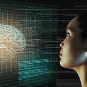 Screen, code and ai, brain hologram and black woman, programming with ...