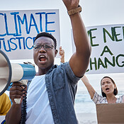 Climate change poster, protest and black man with megaphone for freedom ...