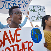 Climate change, protest poster and black man scream for freedom ...