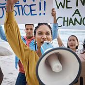 Protest, climate change and black woman with megaphone, fight with ...