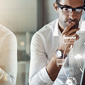 Business man thinking, app icons and global network with digital ...