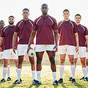 Rugby, black man and strong team portrait on field, solidarity and ...