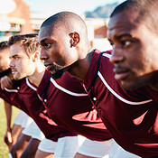 Man, huddle and team on grass field for sports motivation, coordination ...