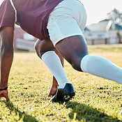 Runner start, rugby man and sport field with a athlete ready for ...