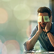 Tired, sleeping and man with sticky note on eyes for burnout ...