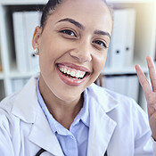 Woman, portrait smile and peace sign for selfie, profile picture or fun ...