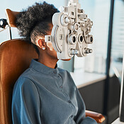 Healthcare test, eye exam and black woman in optometry clinic for ...