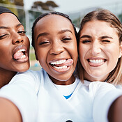 Black woman, friends and silly portrait for selfie, vlog or goofy ...