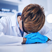 Headache, depression or black woman scientist with stress for medical ...