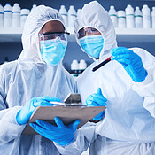 Teamwork, blood checklist or doctors in lab with notebook for research ...