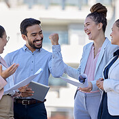Winning, fist pump and business people celebration, teamwork or ...