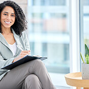 Black woman, therapist portrait and checklist for counselling, help or ...