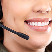 Call center, smile or mouth of black woman in communication isolated on ...