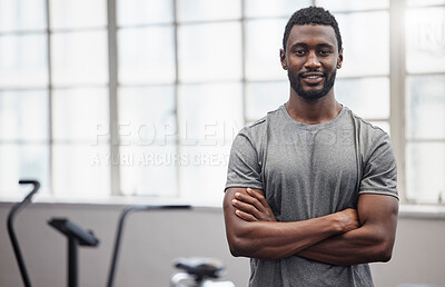 Black man, fitness and dumbbell exercise in gym for strong power ...