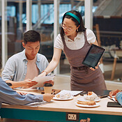 Diversity students, restaurant and team with tablet working on ...