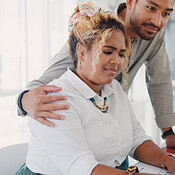 Sexual harrasment, workplace abuse and business woman with ...