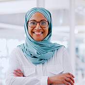 Muslim business woman, smile and senior portrait for management ...