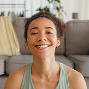 Happy, meditation breathing and face of a woman with peace, relax and ...