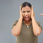 Shouting, pointing and fingers with portrait of woman for bullying ...