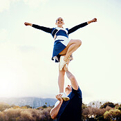 Cheerleading student, lift stunt and mockup outdoor for on cheer camp ...