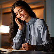 Phone call, writing notes and woman at night busy networking, planning ...