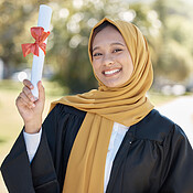 College graduation portrait of muslim woman with education certificate ...
