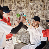 Baseball player, team or people toast to success in training or match ...