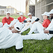 Baseball team, communication and stadium grass with sport group sitting ...