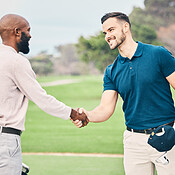 Man, friends and handshake on golf course for sports, partnership or ...