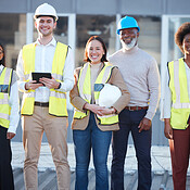Group portrait of construction worker people, engineering or contractor ...