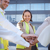 Hands stacked, teamwork and engineering people for support ...