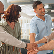 Office, teamwork and happy employees in huddle with hands together and excited at startup team ...