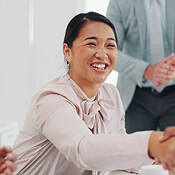 Handshake, applause or woman with success for meeting sales growth target or kpi goals with a ...