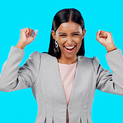 Yes, winning and woman cheers isolated on blue background celebration ...