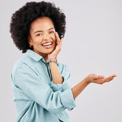Product placement, hand and portrait of black woman in studio for ...
